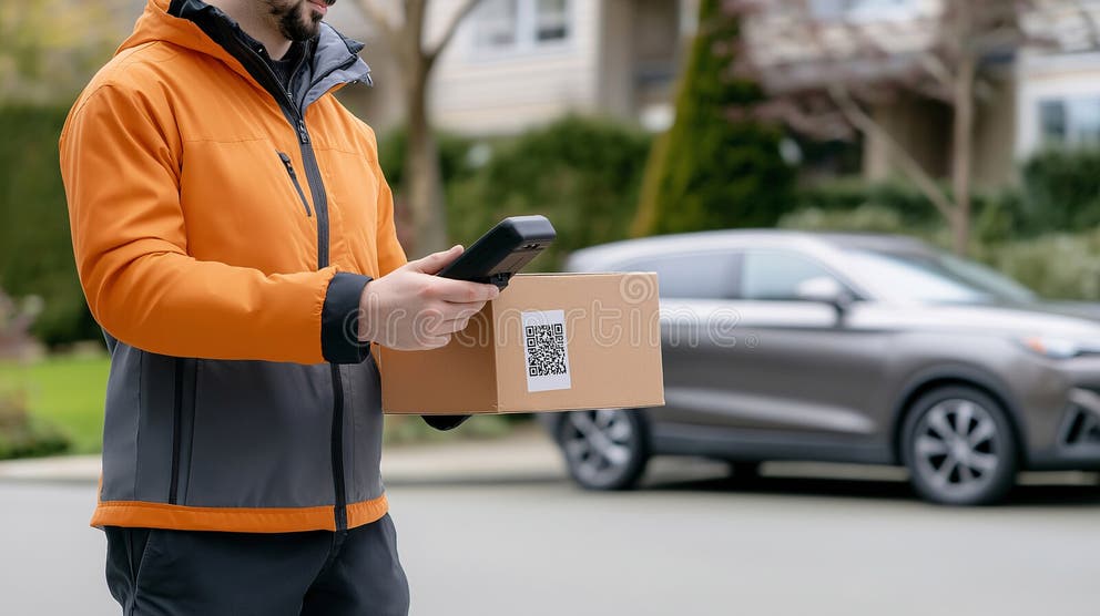 Delivery Driver Scanning Package with Smartphone and QR Code AI ...