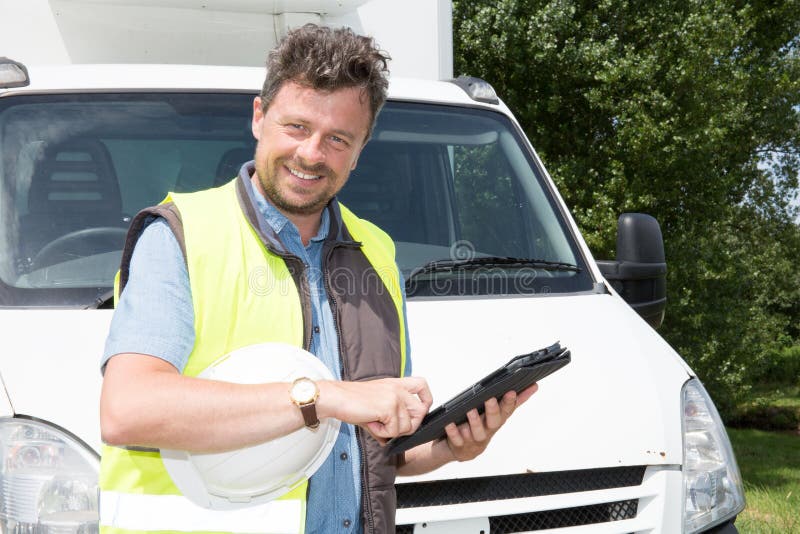 Delivery Driver Using Tablet Rear Van Outside Stock Image - Image of ...