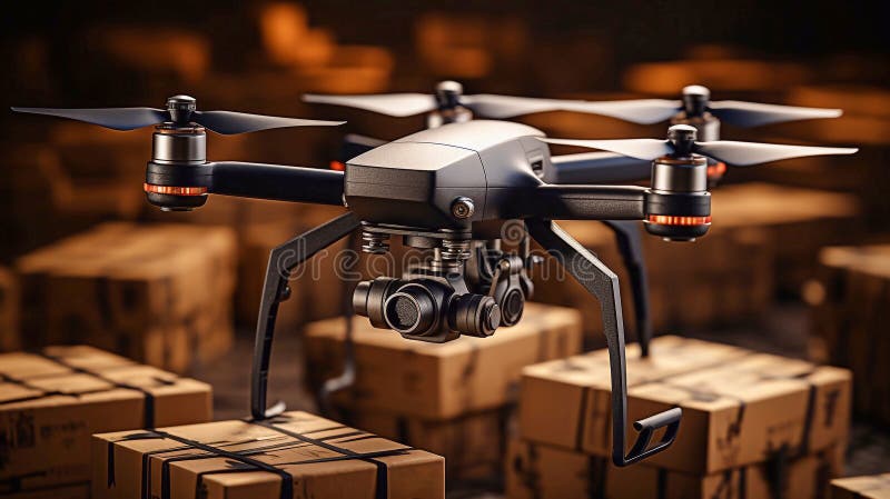 Delivery by Drone. Cardboard Box Delivery by Quadcopter. Air Delivery ...