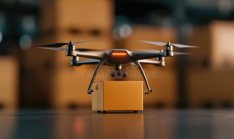 A Delivery Drone Carrying a Package in a Warehouse, Showcasing Modern ...