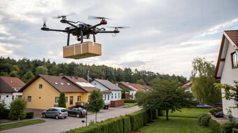Delivery Drone Flying Over Residential Area with Package Stock ...