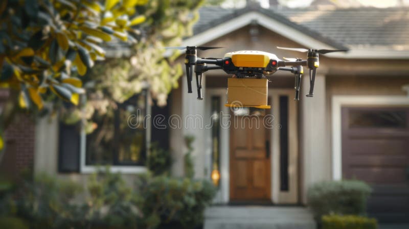 Delivery Drone with a Package Flying in Front of a House Stock Image ...