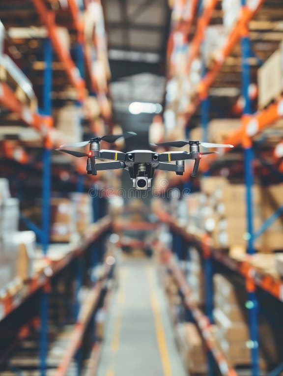 A Delivery Drone with Red Navigation Lights is Captured Mid-flight in a Warehouse, Representing ...