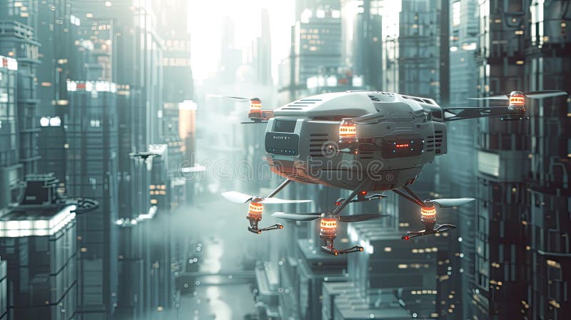 A Delivery Drone Soaring Over a Vibrant Cityscape, Carrying Packages ...