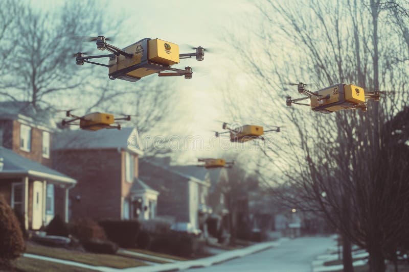 Delivery Drones Flying Over a Suburban Neighborhood Stock Illustration ...