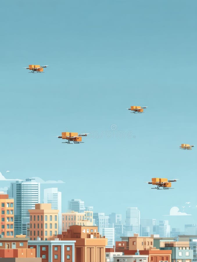 Delivery Drones Navigate a Flat Cityscape Under a Clear Sky Stock Image ...