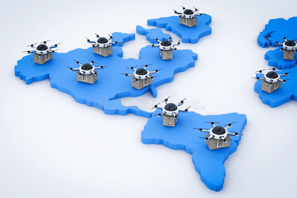 Delivery Drones on World Map Stock Illustration - Illustration of ...