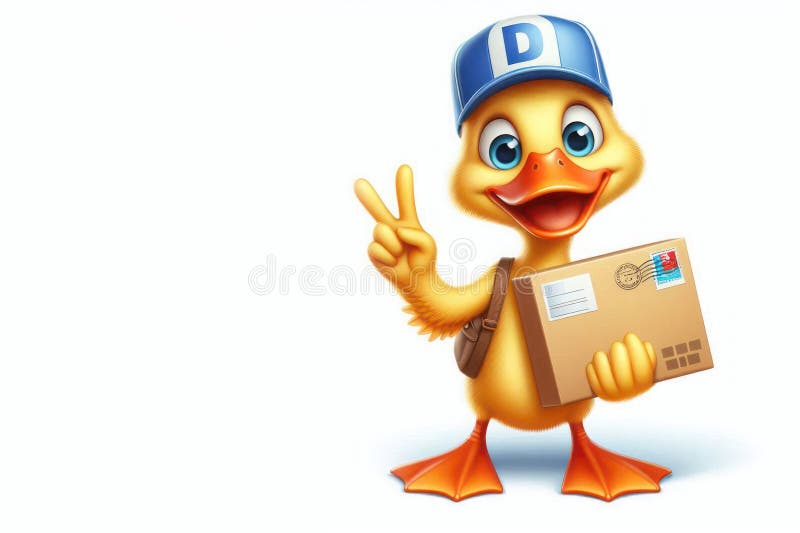 A Delivery Duckling with a Parcel and a Gesture of Victory. Space for ...