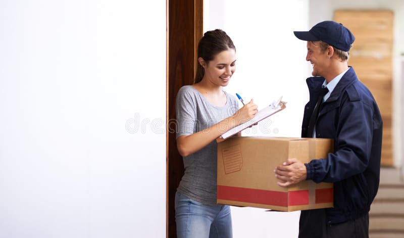 Delivery, Ecommerce and Woman Sign Documents, Forms and Application for ...