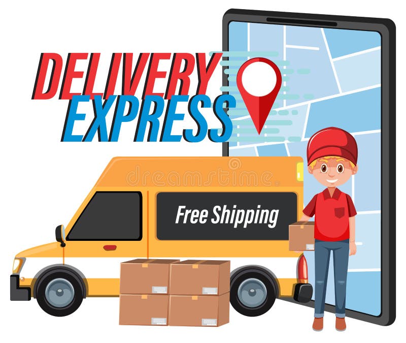 Delivery Express Font Logo with Panel Van and Worker Stock Vector ...