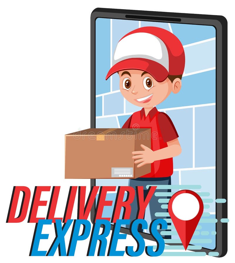 Delivery Express Wordmark with Courier on Smartphone Display Stock ...
