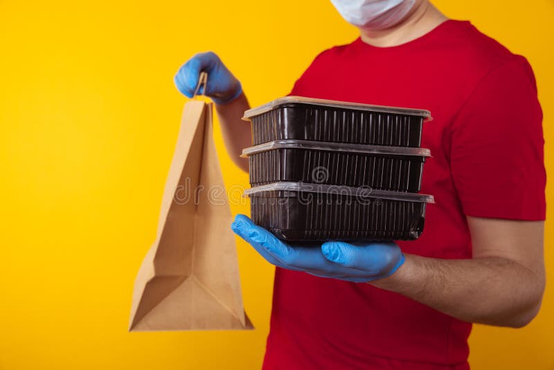 Delivery Food in the Craft Bag. Man Courier Bring an Order. Stock Image ...