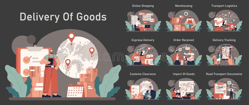 Delivery of Goods Dark or Night Mode Set. Warehousing, Logistics Stock ...