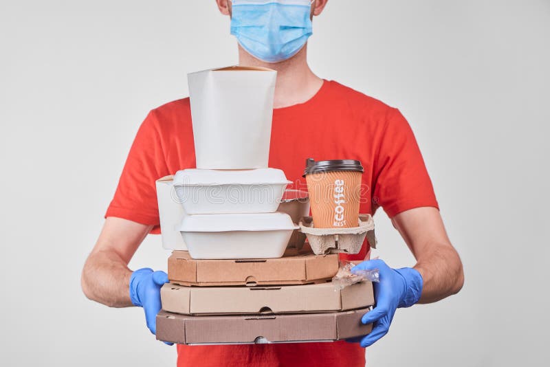Delivery Guy Brought Ordered Food and Using Gloves and a Face Mask ...