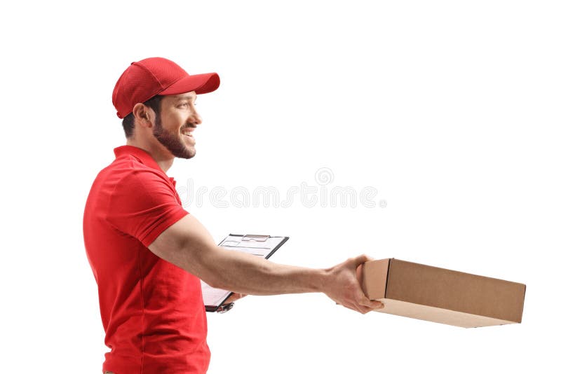 Delivery Guy Giving a Package Stock Photo - Image of cargo, cardboard ...