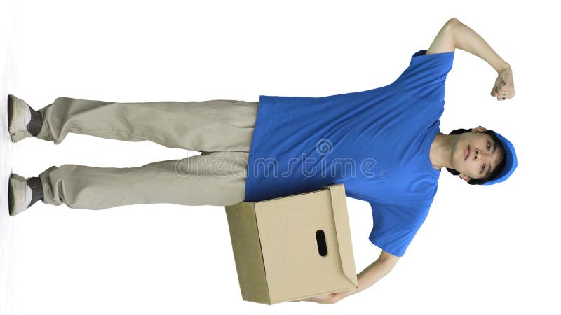 The Delivery Guy, on a White Background, Full-length, with a Box, Shows ...