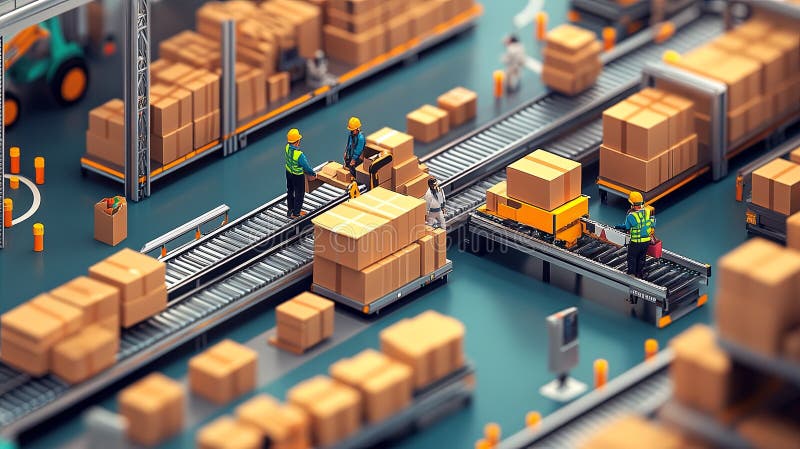 A Delivery Hub with Workers Sorting Packages Onto Conveyor Belts Stock ...