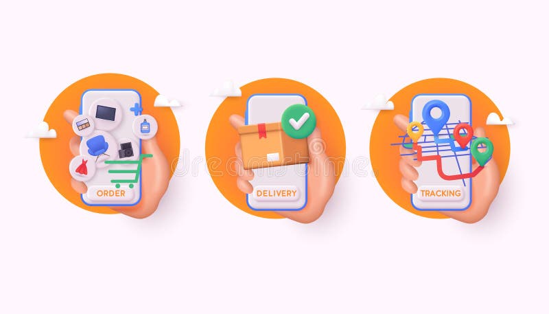 Delivery Icon Set with 3d Phone in Hands in Oranges Circles. Online ...