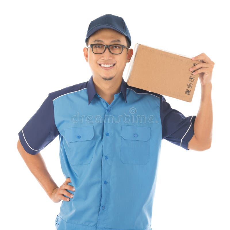 Delivery Man in Blue Uniform Stock Photo - Image of attractive, courier ...