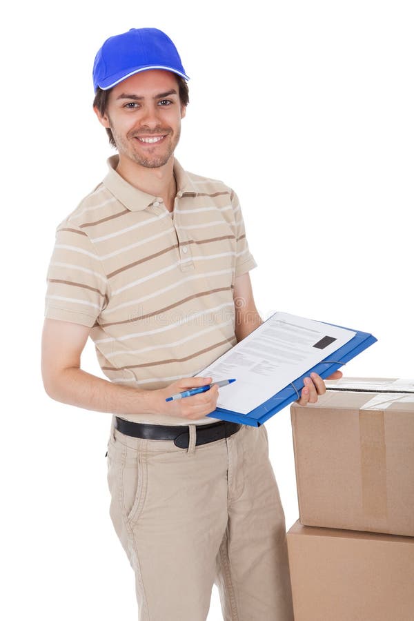 Delivery Man Asking To Sign Delivery Confirmation Stock Image - Image ...
