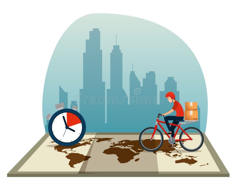 Delivery Man with Bicycle and Boxes in the Global Map Stock ...