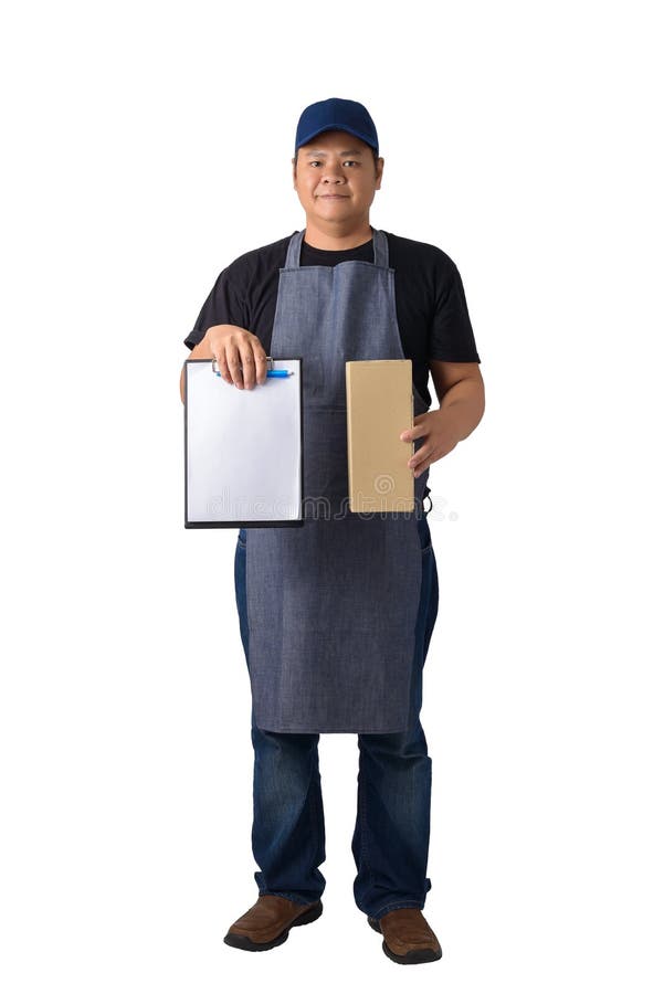 Delivery Man in Black Shirt and Apron with Stack of Boxes is Carrying ...