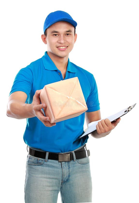Delivery Man in Blue Uniform Stock Photo - Image of attractive, courier ...
