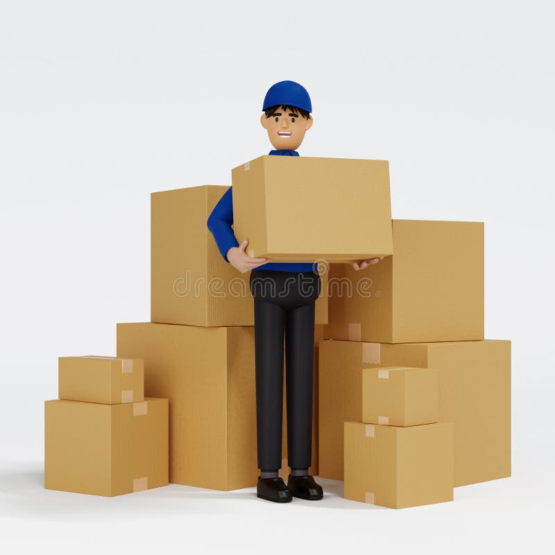 Delivery Man in Blue Uniform Holding Parcel, Stack of Cardboard Boxes ...