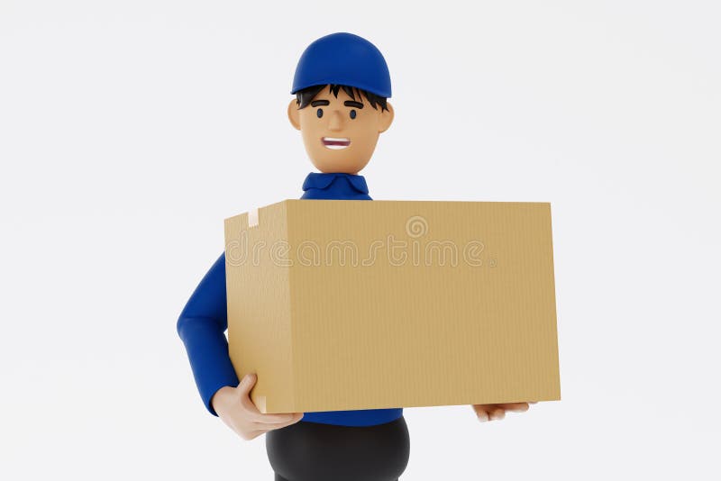 Delivery Man in Blue Uniform Smiling Holding Parcel Box, Shipment ...