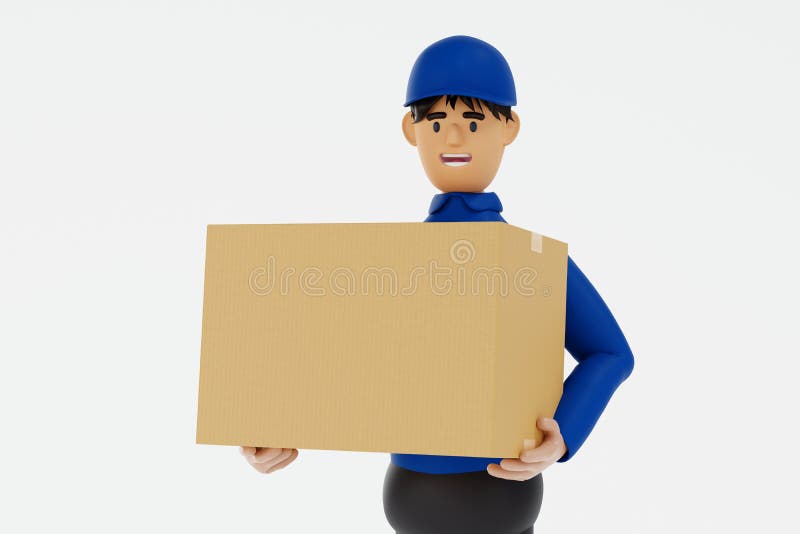 Delivery Man in Blue Uniform Smiling Holding Parcel Box, Shipment ...