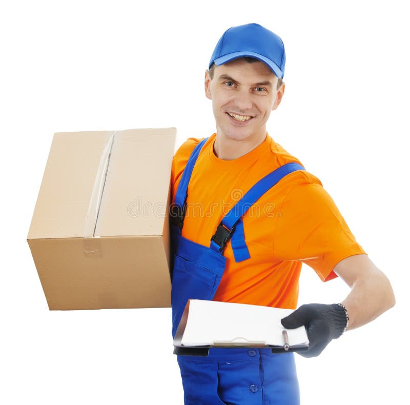 Delivery Man with Box and Cardboard Stock Image - Image of uniform ...