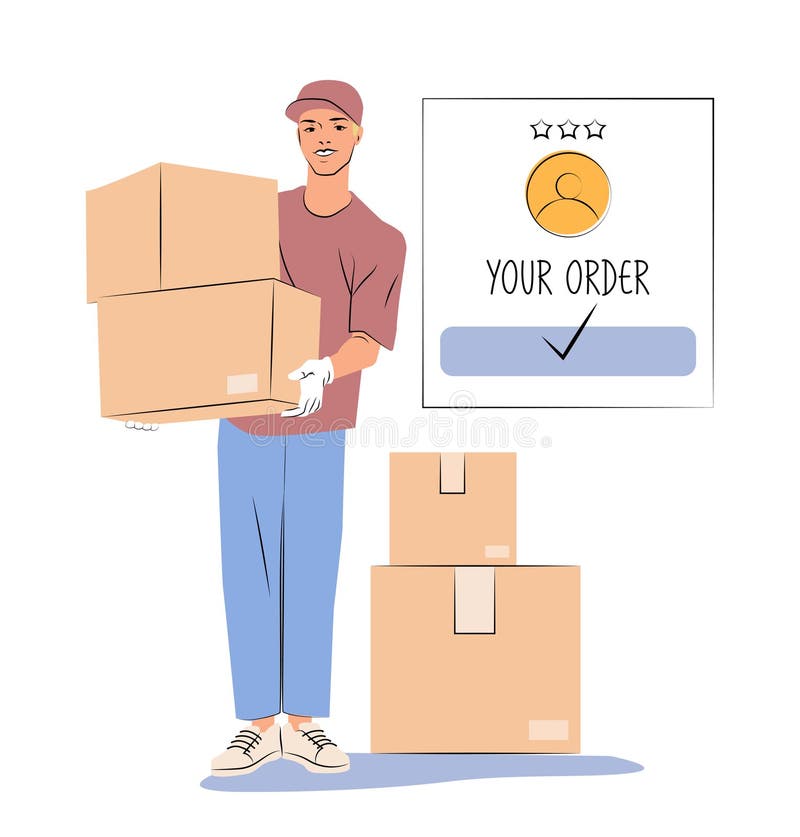 Delivery Man with Boxes and Order Status. Vector Illustration Stock ...