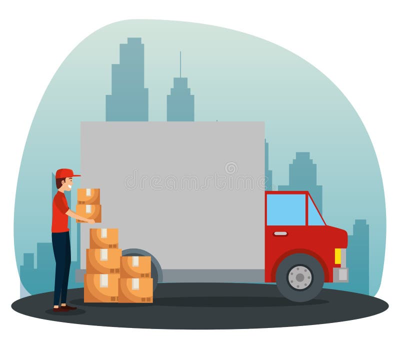 Delivery Man with Boxes Packages and Truck Stock Illustration ...