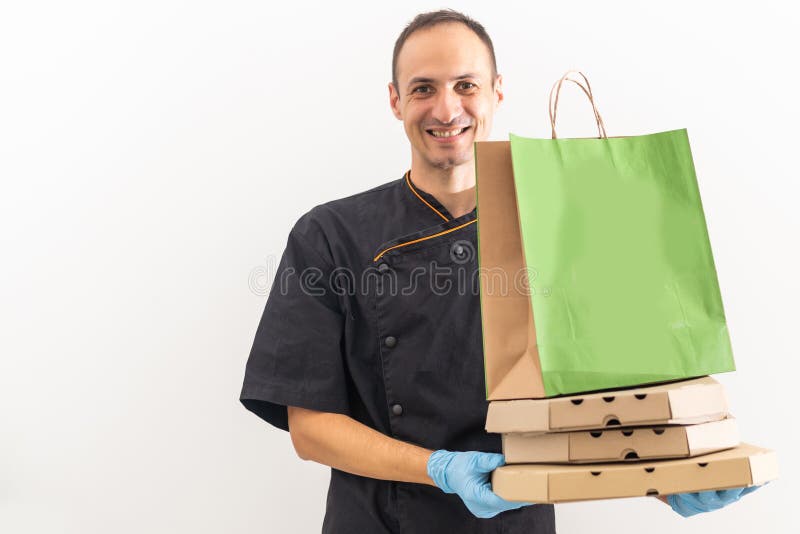 Delivery Man with Boxes of Pizza, Chef. Stock Photo - Image of fast ...