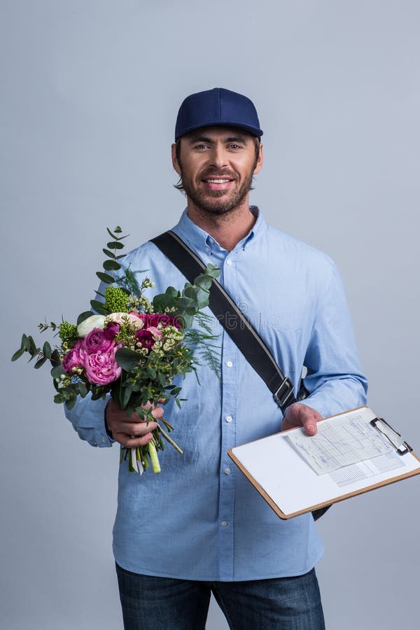 Delivery Man Bringing Flower Bouquet Stock Image - Image of fast ...