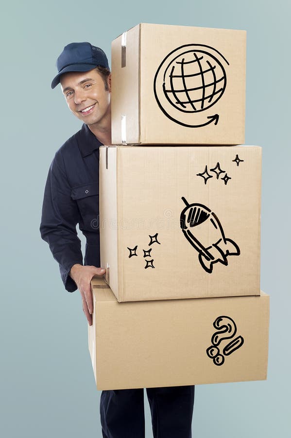 Delivery Man Carrying a Cardboard Boxes Stock Photo - Image of carrying ...