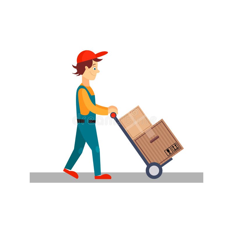 Delivery Man with Cart and Carton Boxes, Vector Stock Vector ...