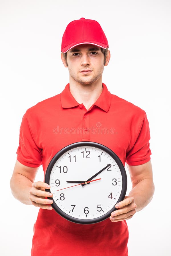Delivery Man with Clock in Hands on White Stock Image - Image of ...