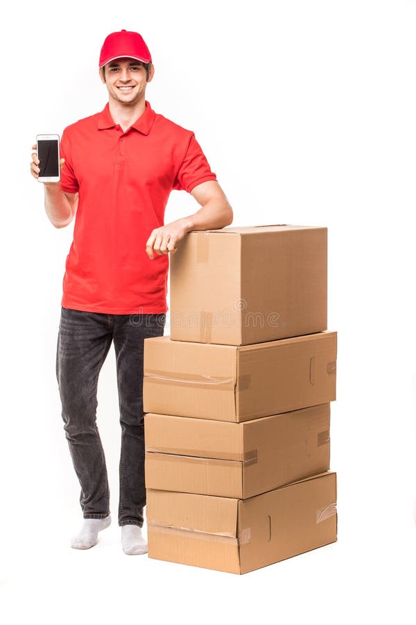 Delivery Man or Courier with Box Pointed Phone on You Stock Photo ...