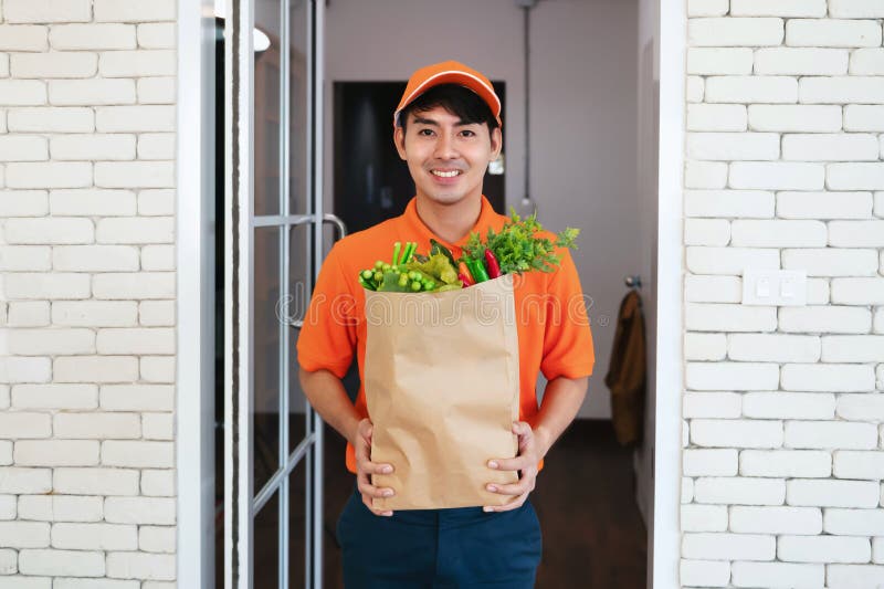 Delivery Man Delivering Food Vegetable Grocery Stock Photo - Image of ...