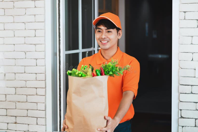Delivery Man Delivering Food Vegetable Grocery Stock Photo - Image of ...