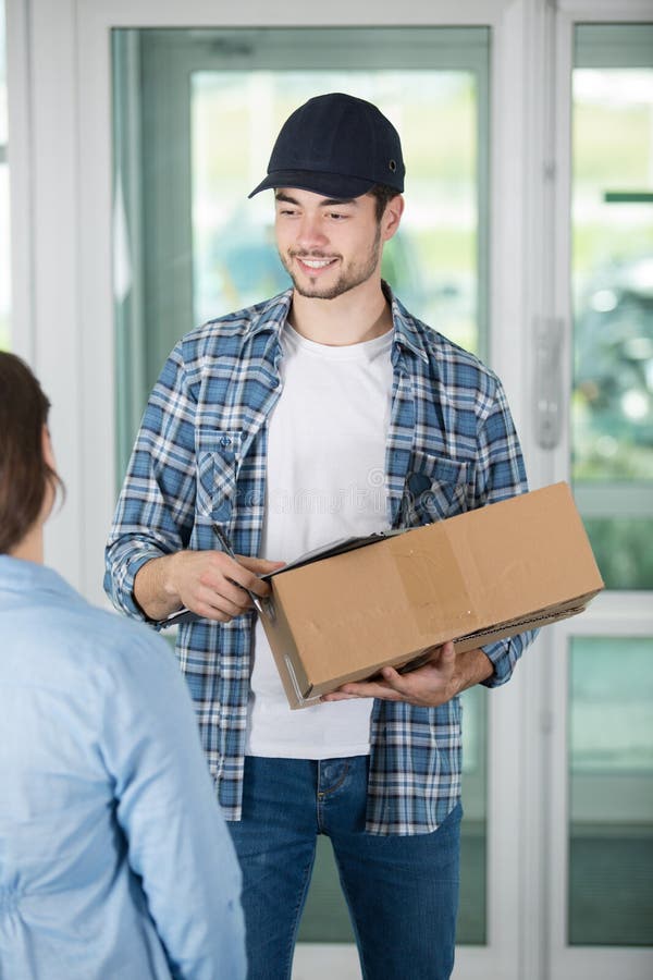 Delivery Man with Parcel Near Cargo Truck Shipping Service Stock Photo ...