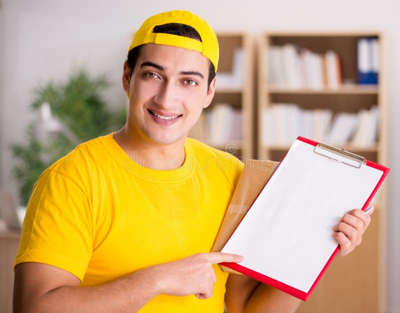 Delivery Man Delivering Parcel Box Stock Image - Image of mail, house ...