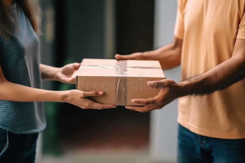 Delivery Man Delivering a Parcel Box To Customer. Stock Image - Image ...