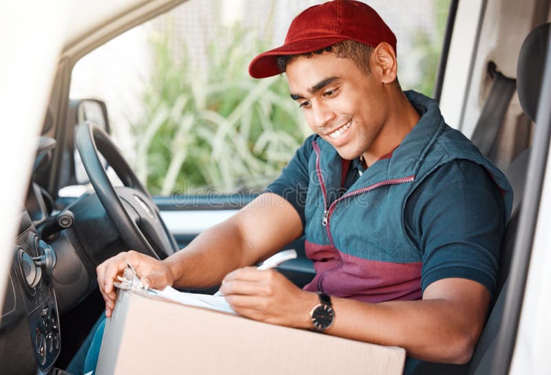 Delivery Man, Driver and Writing on Checklist or Box Working for ...