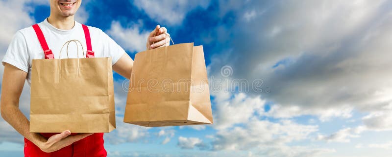 Delivery Man Face Mask Gloves Sky Background Stock Image - Image of ...