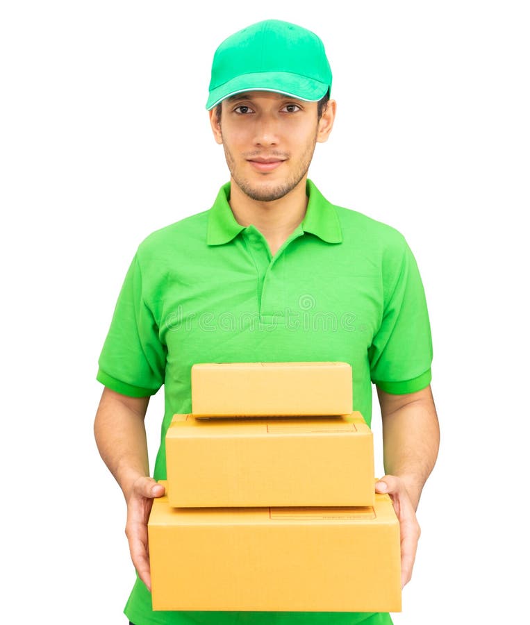 Delivery Man in Green Handing Packages Isolated on White Stock Image ...