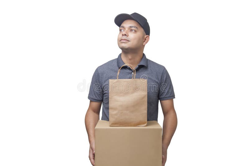 Delivery Man Holding Cardboard Box and Paper Packaging. Stock Photo ...