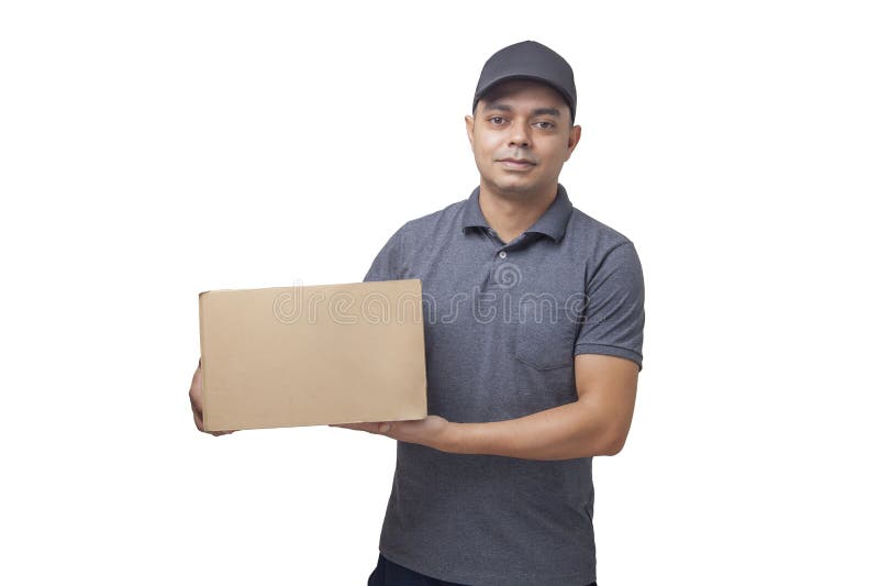 Delivery Man Holding Cardboard Box and Paper Packaging. Stock Photo ...