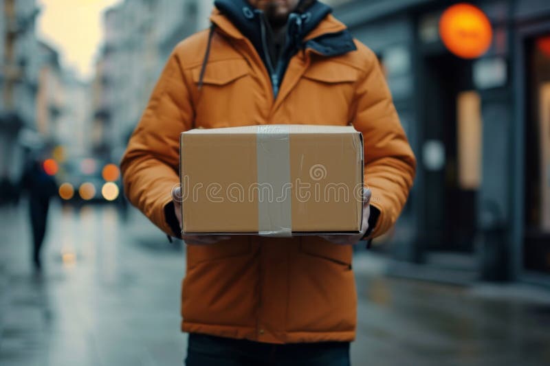 Delivery Man Holding Cardboard Box on Street Package Stock Photo ...